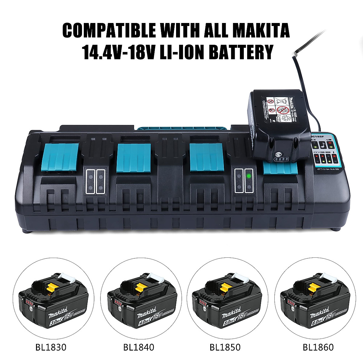 18V DC18SF 4-Port Fast Charger with Dual USB Port Compatible with 14.4V 18V LXT Li-ion Battery BL1840 BL1850 BL1860 BL1890, Replacement for 18 Volt Battery Charger DC18RC DC18RD