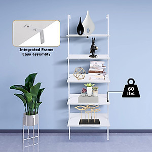 ANTSKU 5 Tier Wall Mounted Ladder Shelf, Ladder Bookshelf with Metal Frame and Wood Shelf, Modern Learning Bookcase for Living Room, Bedroom, Office (23.6" W x 11.8" D x 70.8" H, White)