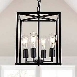 GZDEZCL 4-Light Black Farmhouse Chandelier Light Fixture Rustic Lantern Pendant Light Industrial Cage Hanging Lights for Kitchen Island Foyer Entryway Dining Room Hallway