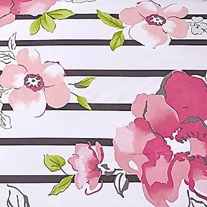 Comfort Spaces Zoe Comforter Set Printed Striped Floral Design with Faux Long Fur Decorative Pillow Bedding, Pink, Full/Queen, 4 Piece