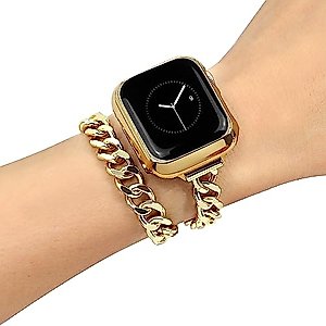 JR.DM Gold Watch Bands for Women Compatible with Apple Watch Band 38mm 40mm 41mm 42mm (S10) Adjustment Metal Band Cowboy Steel Chain Bracelet for iWatch Series 9/8/7/6/5/4/3/2/1/SE/Ultra (No Case)