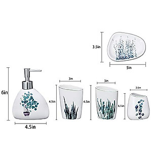 EPFamily White Ceramic Bathroom Accessory Set - Including 5 Piece Soap Dispenser, Toothbrush Holder, 2 Tumbler, Soap Dish with Green Plant Pattern
