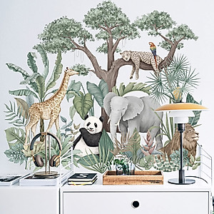 Cartoon Tropical Rainforest Animals Green Plants Wall Stickers, Jungle Giraffe Elephant Panda Lion Leopard Parrot Wall Decals, ZOXILEN DIY Zoo Art Decor for Kids Bedroom Nursery Living Room Home