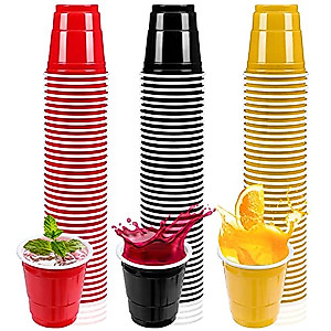 Pinkunn 600 Pcs 2 oz Plastic Shot Glasses Red Black Gold Shot Cups Disposable Plastic Cups Mini Party Cups Tasting Sample Cups for BBQ Picnic Camping Wedding Birthday Christmas Drinking Serving Snack