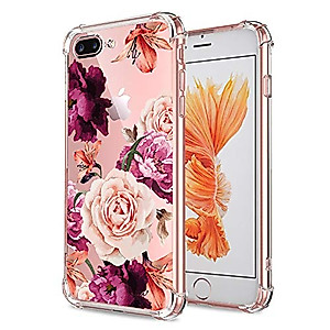 KIOMY iPhone 7 Plus 8 Plus Case Women Flowers Floral Pattern Bumper Shockproof Protective Back Cover Flexible Slim Fit Soft TPU Rubber Silicone Cell Phone Cases Clear with Cute Purple Rose Design Girl