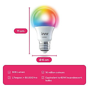 innr Color Smart Bulb A19, Works with Philips Hue, Alexa, Hey Google, SmartThings (Hub Required), Zigbee, Lights, Dimmable RGBW LED Light Bulbs A19 with E26 Base, 60W Equivalent, 2-Pack, AE 280 C-2