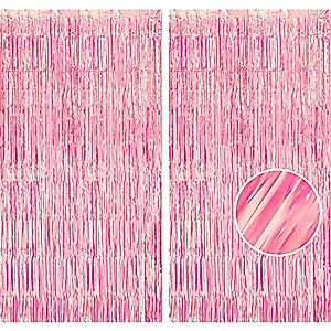 BRAVESHINE Foil Fringe Curtains Party Decorations - Clear Pink Metallic Tinsel Photo Booth Streamer Backdrops for Birthday Baby Showers Unicorn Weeding Bachelorette Graduation Backdrop - 4 Packs 3.2 x