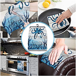Meet 1998 Marine Wildlife Octopus Kitchen Towels, Hand Drying Towel, Soft Absorbent Multipurpose Cloth Tea Towels for Cooking Baking, Plant Coral Blue Washable Dish Towels Cloth 18x28 Inch