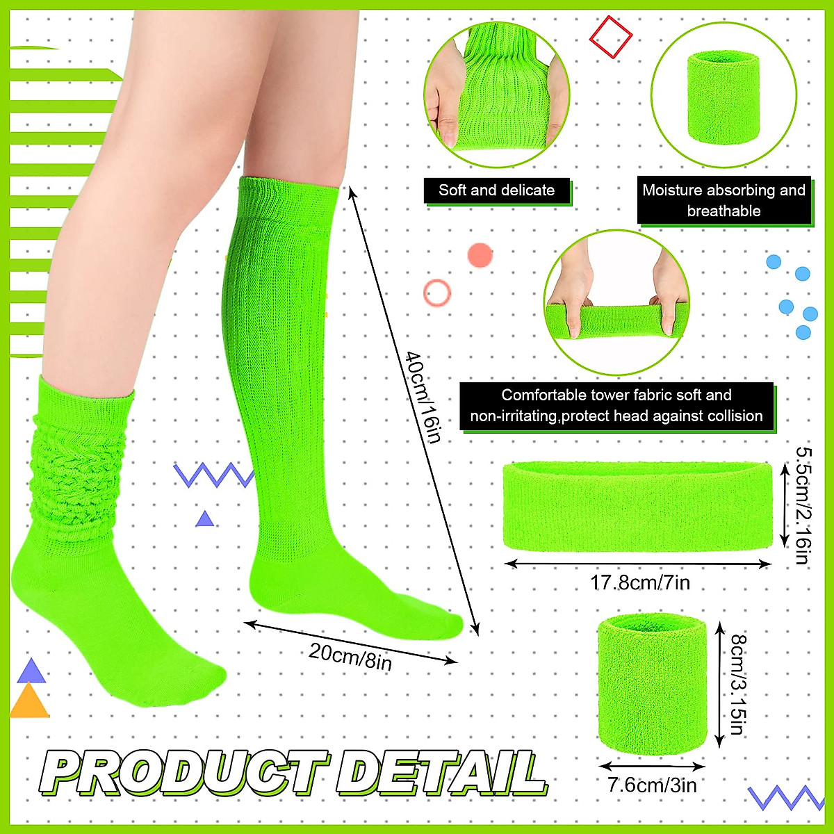 Tarpop 80s Neon Women Slouch Socks 90s Headbands Wristbands Fanny Pack Leg Warmers Sweatbands Waist Bag Women Party Costume(Green)