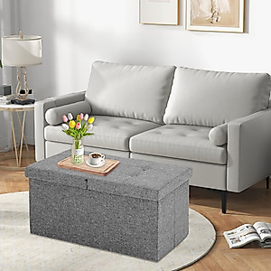 CAROLMADE 30 Inches Storage Ottoman Bench with Flipping Lid, Linen Foldable Storage Footrest, Ottoman with Storage for Living Room Holds up to 330lbs, Light Grey