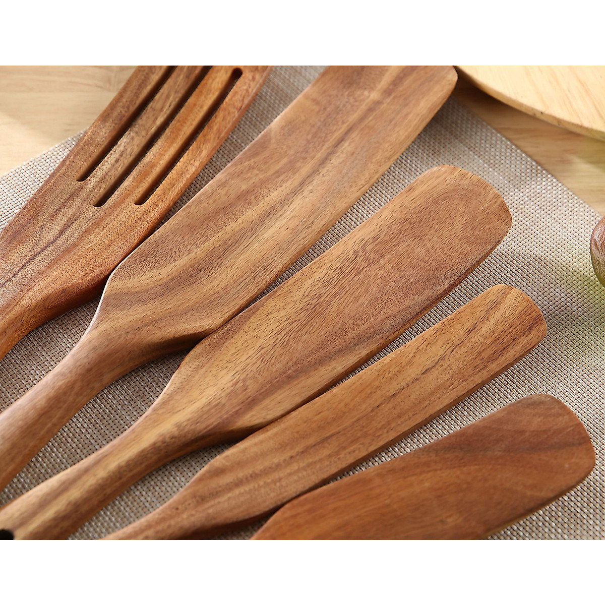 Wooden Spurtle Kitchen Utensils,QWKIT 5Pcs Premium Natural Teak Wood Slotted Spurtle Spatulas Spoons Set for Nonstick Cookware Kitchen Cooking Heat Resistant Non Stick (5)