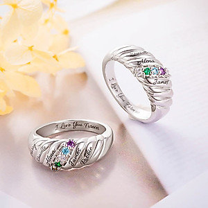 AILIN Custom Dome Chunky Birthstone Rings 925 Sterling Silver Personalized Inside Engraving Birthstone Name Rings Wedding Engagement Mothers Day Birthday Jewelry Gifts For Women Grandma Daughter