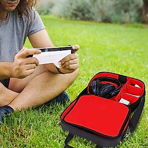 USA Gear Carrying Case Compatible with Logitech G Cloud, ASUS ROG Ally, PS5 Portal, Lenovo Legion Go & More - Protective Shoulder Bag Fits Headsets, Portable Console, AC Adapter, Dock Station - Red