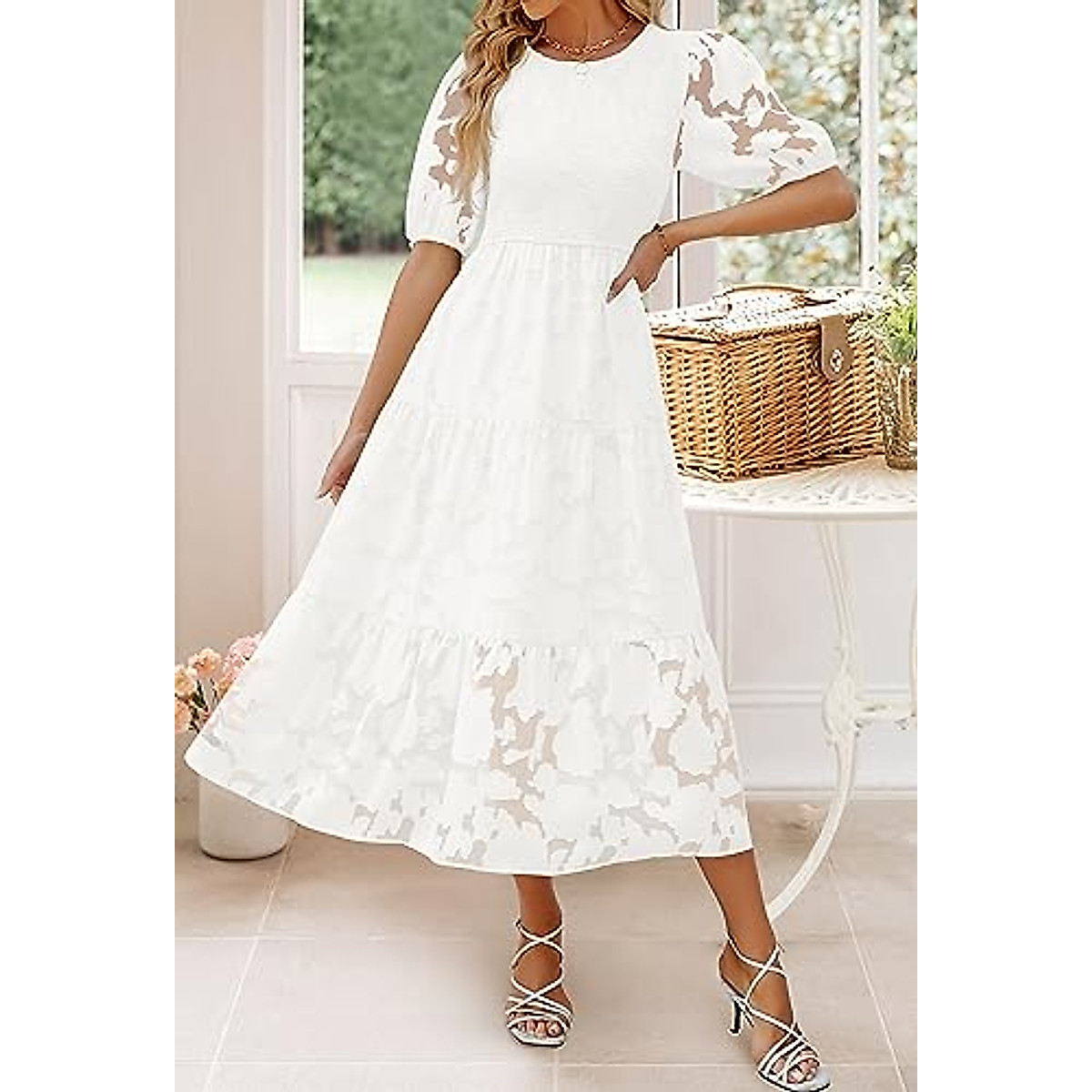 ZESICA Women's 2023 Summer Short Puff Sleeve Crewneck Smocked Floral Lace Flowy A Line Tiered Midi Dresses,White,Medium