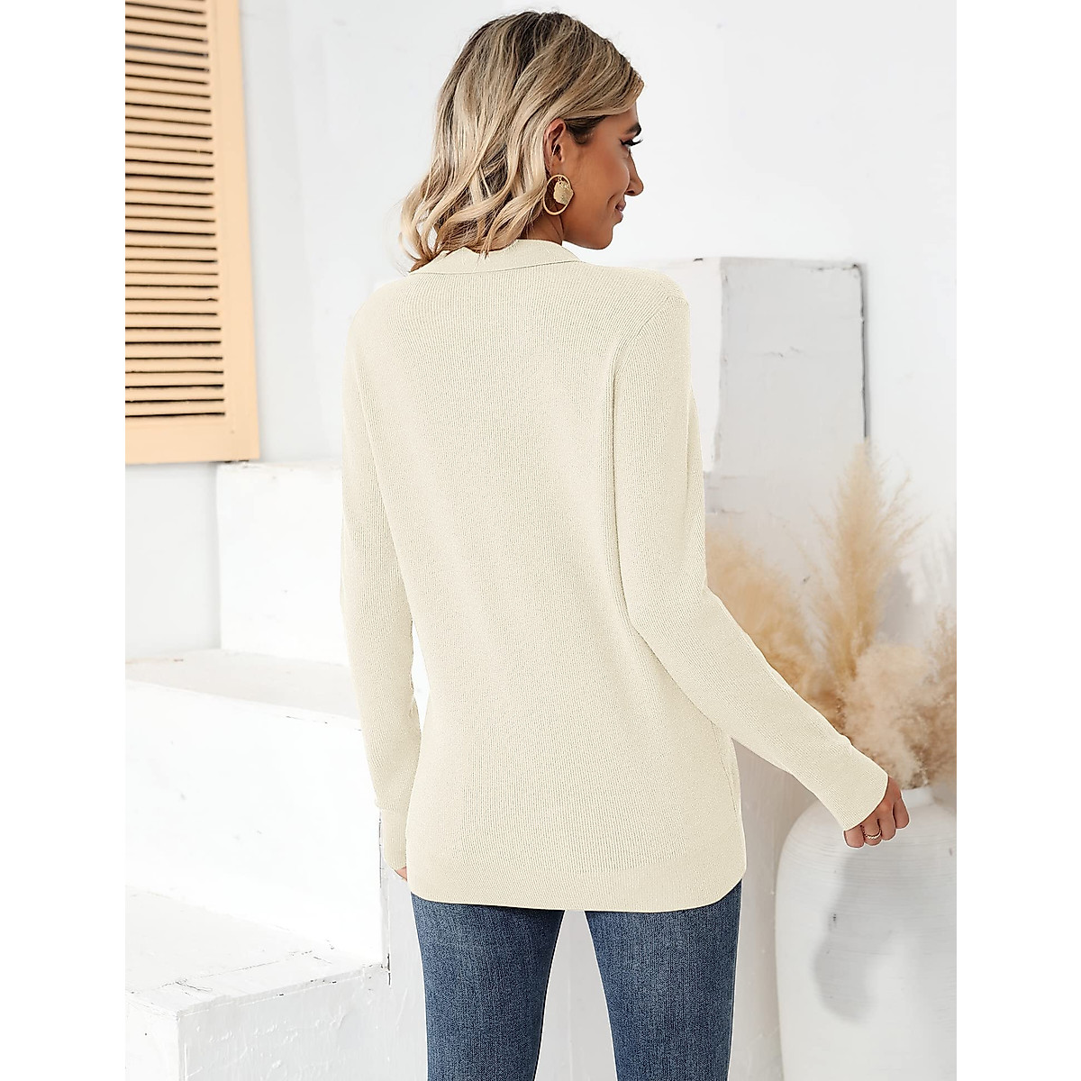 Romanstii Women's Knitted Polo Sweaters Long Sleeve V Neck Collared Shirts Winter Pullover Tops,Beige,L