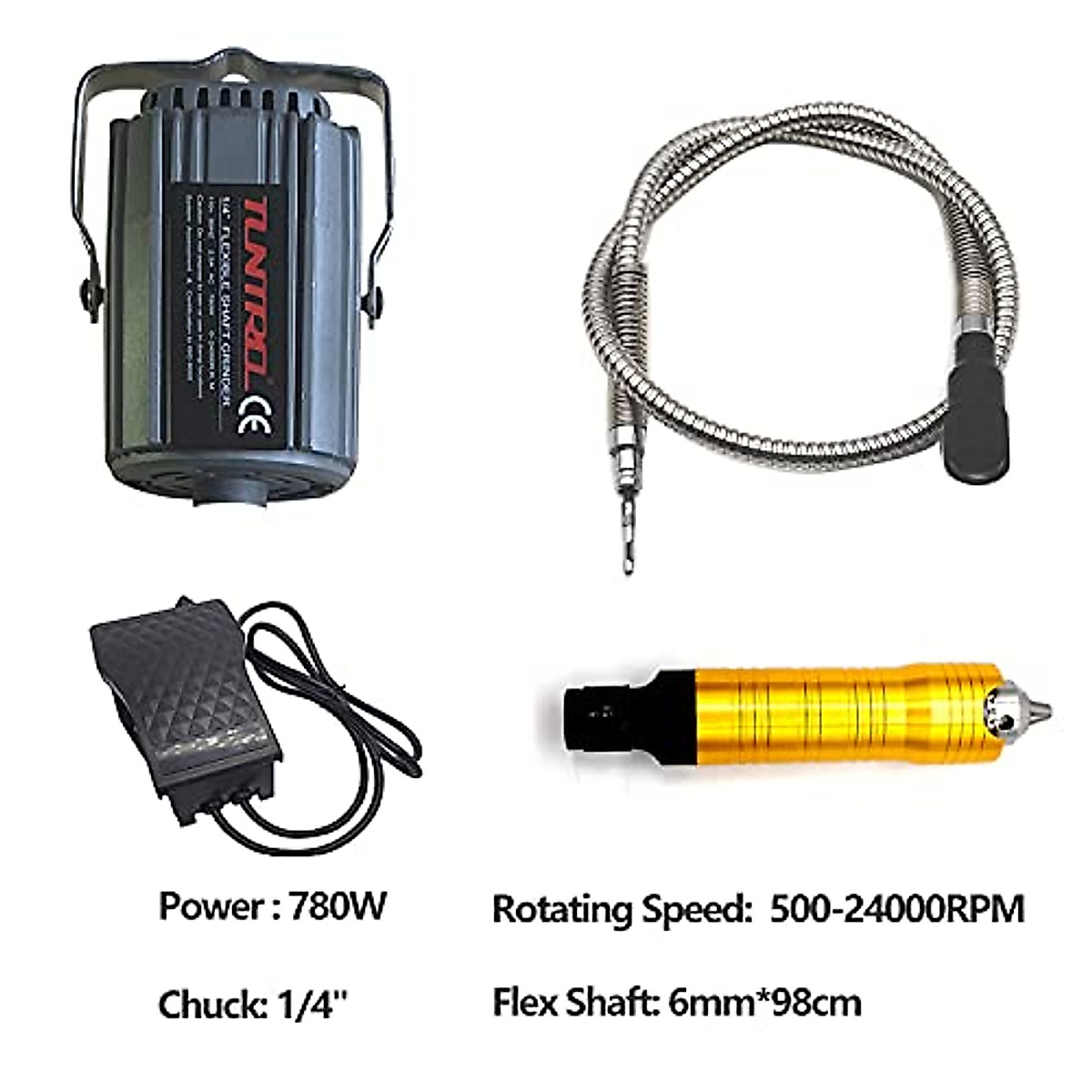 TUNTROL Thicken 1/4" Flexible Shaft Rotary Tool, 780W Flex Shaft with Foot Pedal, Hanging Grinder Carver Electric Multi-function Metalworking Tools Repair Kit