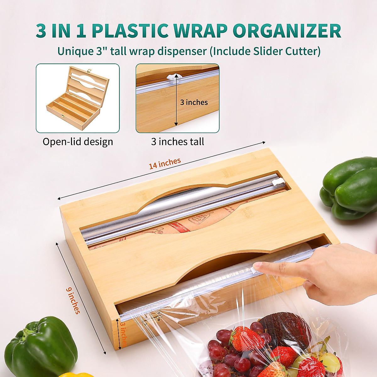 Jchccu Individual Plastic Wrap Dispenser with Cutter, Ziplock Bag Organizer Storage for Kitchen Drawer Organization, Bamboo Foil and Plastic Wrap Organizer, Storage Bag Organizer
