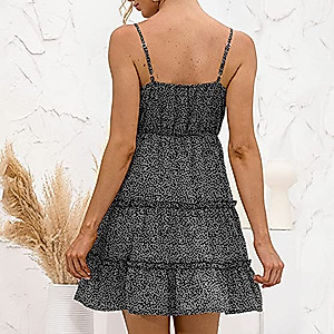 V-Neck Ruffled Dexy Suspender Floral Women's Summer Mini Dress Dress Women's Dress (Black, L)