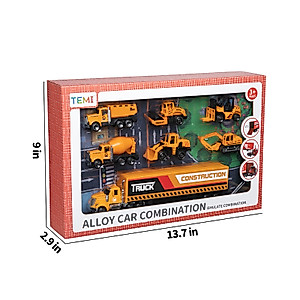 TEMI Diecast Engineering Construction Vehicle Toy Set w/Play Mat,Truck Carrier, Forklift, Bulldozer, Excavator,Dump Truck, Alloy Metal Car Toys Set for 3 4 5 6 Years Old Toddlers Kids Boys & Girls