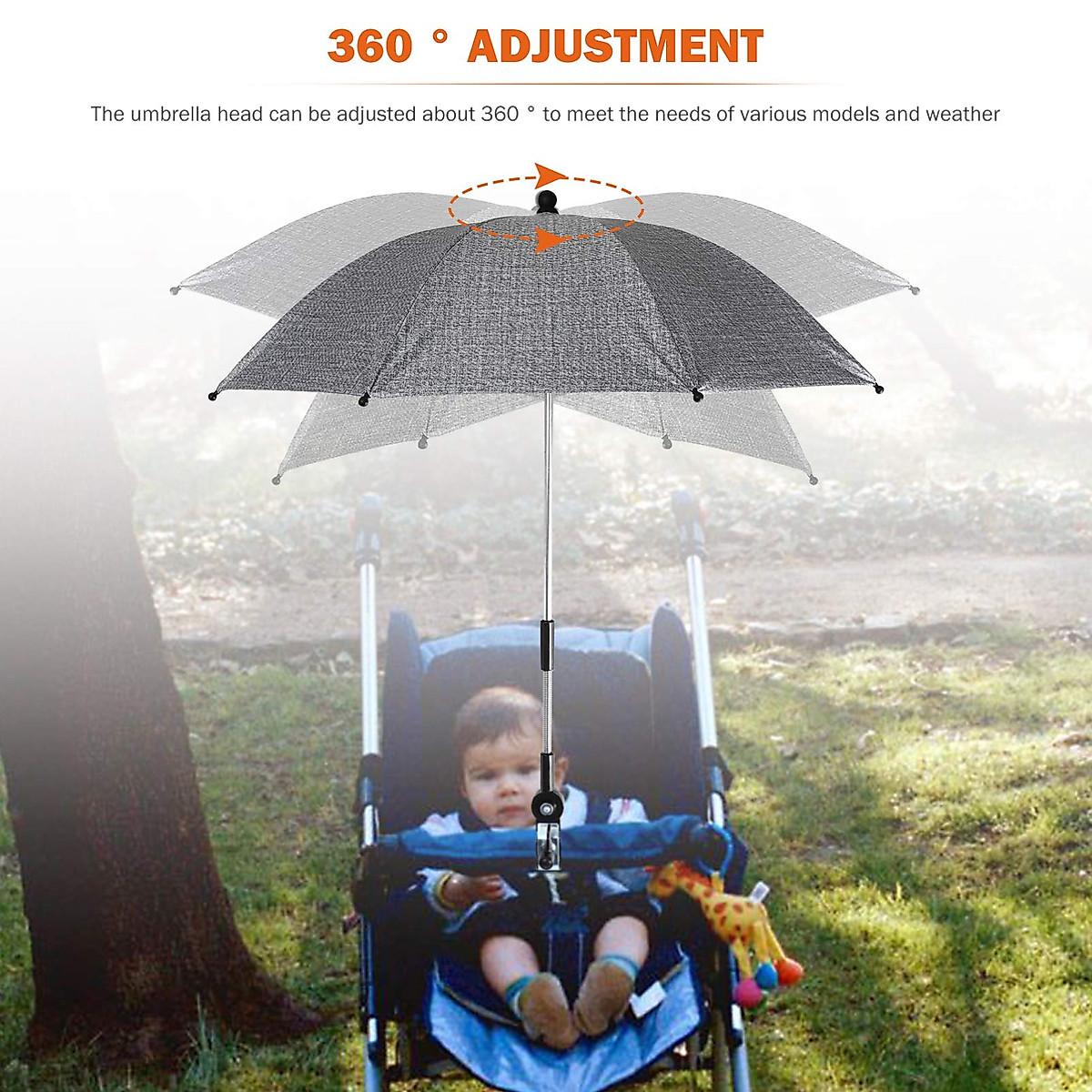 TOYANDONA Stroller Sun Cover Umbrella Clip On Sun Shade Blackout Blind UV Rain Protection Umbrella for Strollers Bicycle Baby Carriage Cart Grey