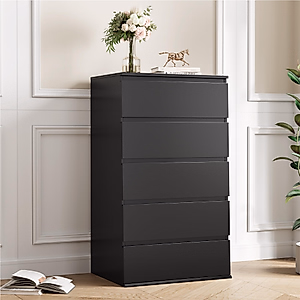 FOTOSOK Black Dresser, 5 Drawer Dresser Tall Black Dresser with Large Storage Space, Modern Storage Chest of Drawers, 23.6L x 17.6W x 39.1H Inch Storage Organizer Cabinet for Home, Black