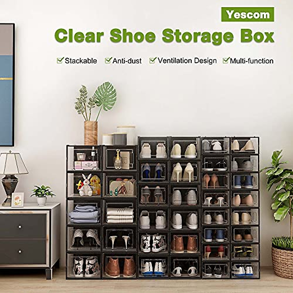 Yescom 18 Pack Shoe Storage Box Clear Shoe Organizer Bins for Closets Stackable Sneaker Container Foldable Home Closet Apartment Use Small Size Black