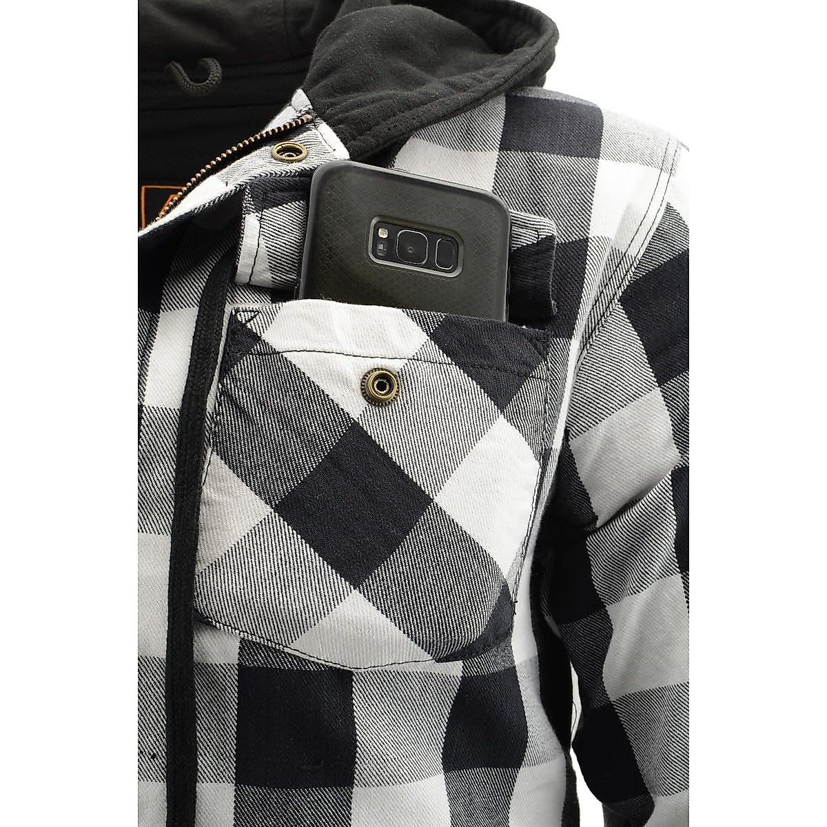 Mens Motorcycle Lightweight Waterproof CE armor Blk/White & Gray Checkered Flannel Riding Jacket Shirt (as1, alpha, x_l, regular, regular, Blk/White with Hoodie)