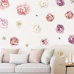 Large Floral Wall Sticker, 15 Peonies Set Wall Decals Large Pink White Purple Flowers for Living Room Nursery Removable Wall Decorations Abstract Modern Wall Art