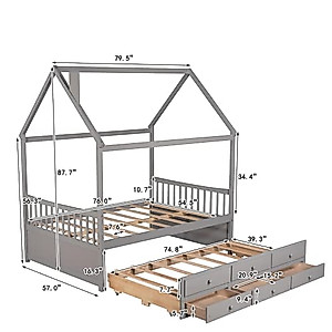 BIADNBZ Full Size House Bed Frame with Trundle, Storage Drawers and Roof for Kids Girls Boys Bedroom, Gray