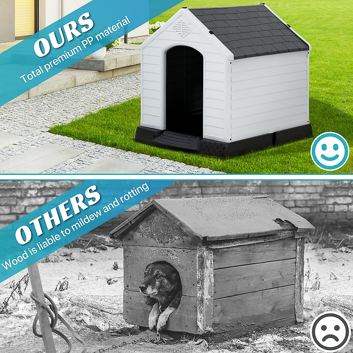 Chew Proof Dog House with Metal Iron Frame Outdoor Dog Kennel for Small Medium Large Indoor Dog Cage with Air Vents and Raised Floor (Grey, 27''L*25''W*28''H)