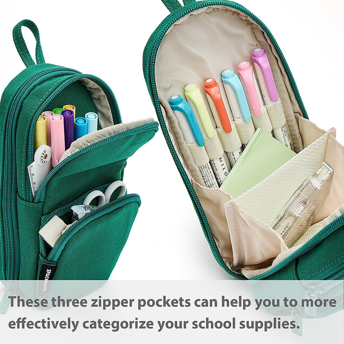 SPACEMATE Cute Pencil Case Pouch Bag School Supplies for Girls and Boys, Heavy Duty Canvas Aesthetic Pen Case, Large Big Capacity Zipper Stationery Bag, Green, 1400ml