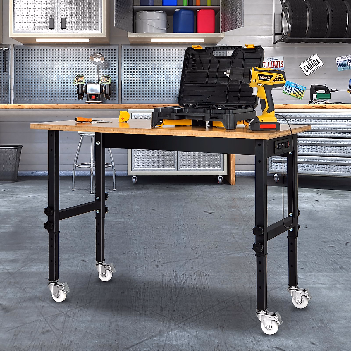 Goplus Work Bench, 48” Mobile Work Table with Power Outlet, Removable Wheels & Foot Pads, Bamboo Wood Top,1984LBS Capacity,Heavy Duty Tool Bench, Adjustable Rolling Workbench for Garage Home Workshop