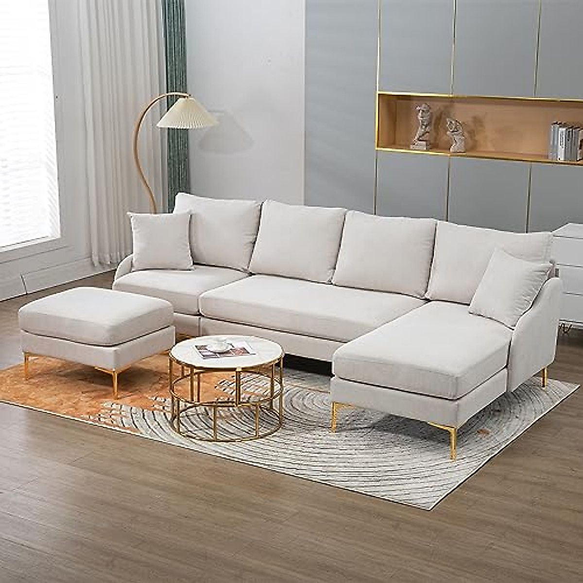 FANYE 110'' Modern Reversible Chaise Sectional U-Shaped Convertible, 4-Seat Polyester Blend Upholstered Sofa & Couch with 2 Pillows and Metal Legs for Home Apartment Office Living Room, Green, Beige