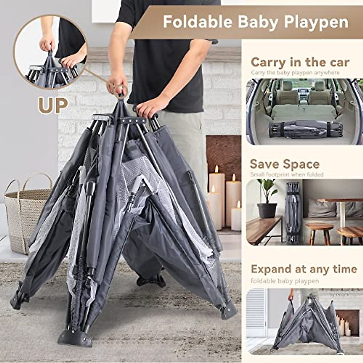 GENTEACO Foldable Baby Playpen, Extra Large Play Pen for Babies and Toddlers, Baby Fence Play Yard, Safety Kids Portable Playpin Indoor&Outdoor (59"×71")