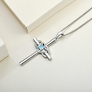 YL Women's Cross Necklace Sterling Silver Infinity Heart Crucifix Pendant Created Aquamarine Criss Jewelry