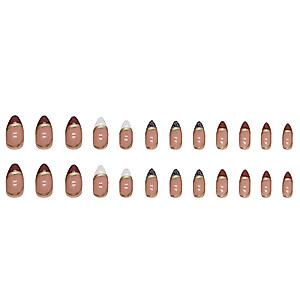 24 Pcs Almond Press on Nails French Tip Fake Nails Oval Shape False Nails with Gold Line Stripes Foil Leopard Designs Glossy Full Cover Glue on Nails Acrylic Nails for Women Girls DIY Maniture Decorations