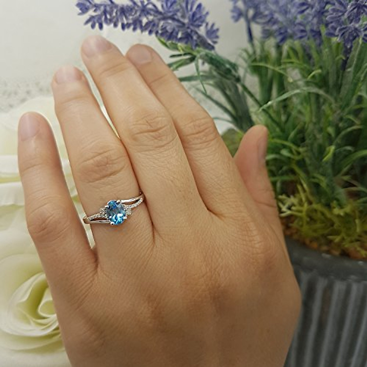 Dazzlingrock Collection 7X5 MM Oval Blue Topaz & Round Diamond Ladies Engagement Ring in 925 Sterling Silver, Size 8