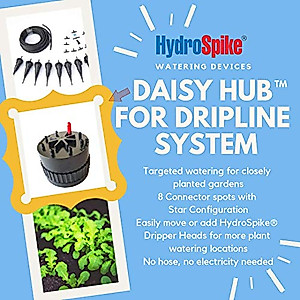 HydroSpike Daisy Hub for Dripline System Kit, Automatic Portable Drip Watering Zone, 8 Connections for Dripper Heads/Stakes. Water Irrigation Emitters in Outdoor Vegetable Garden. No Batteries or Pump