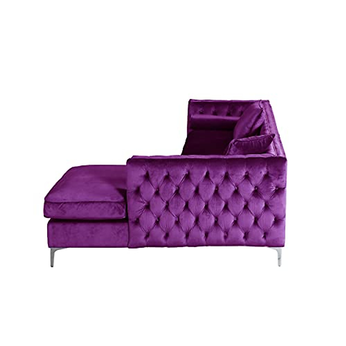Iconic Home Da Vinci Velvet Modern Contemporary Button Tufted with Silver Nailhead Trim Silvertone Metal Y-Leg Right Facing Sectional Sofa, Purple
