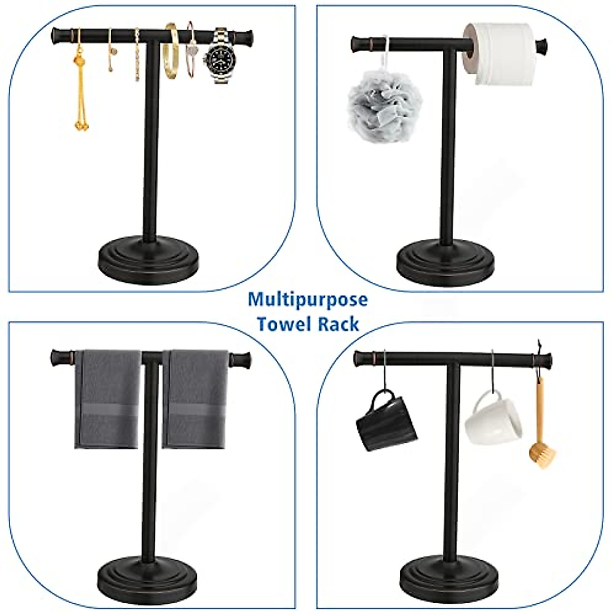 RUMOSE 10 Inch Oil Rubbed Bronze Towel Stand Hand Towel Holder Bathroom Kitchen Vanity Countertop T-Shape Towel Rack Free Standing Stainless Steel Towel Bar Towel Ring