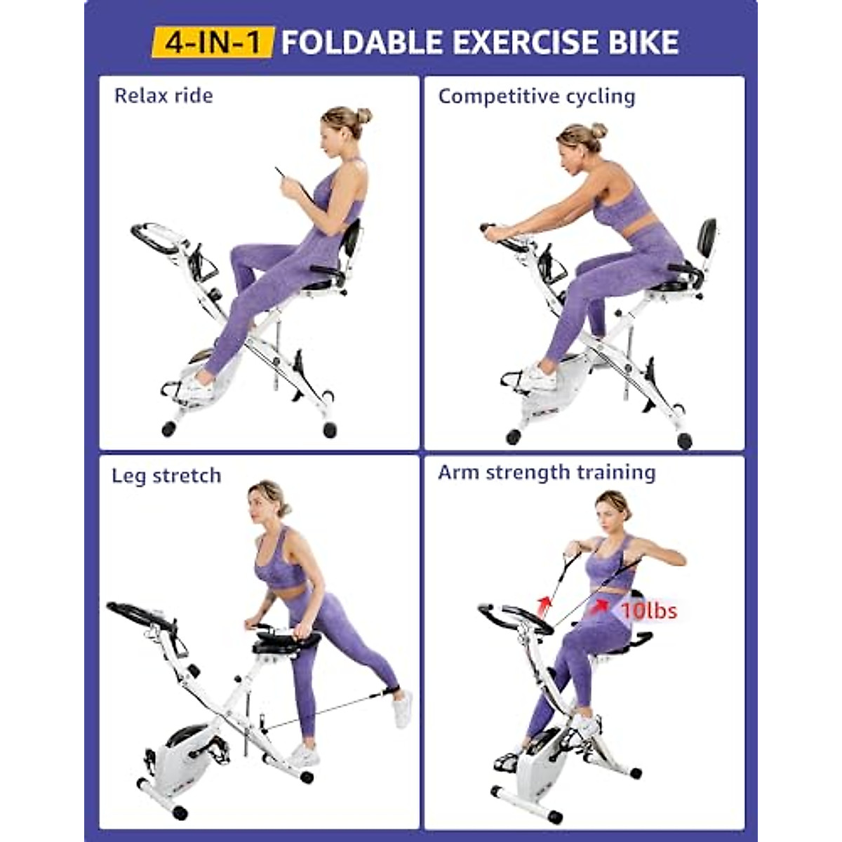 KURONO Stationary Exercise Bike for Home Workout | 4 IN 1 Foldable Indoor Cycling Bike for Seniors | 300 LB Capacity More Magnetic Resistance Seat Backrest Adjustments - White