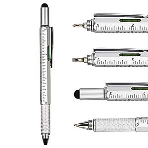 DUNBONG Metal Multi tool Pen 6-in-1 Stylus Pen - With Screwdriver, Ballpoint Pen Black ink, Stylus pen, Level and Ruler, 1-Count (Silver)
