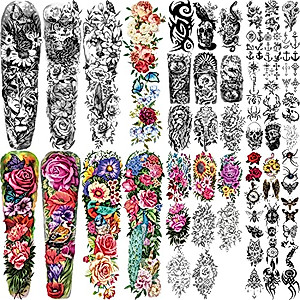 55 Sheets Temporary Tattoo, 8 Sheets Full Arm Temporary Tattoos, 17 Sheets Half Arm Fake Tattoos Flower Butterfly Peacock Bird Lion Wolf for Women Men, 30 Sheets Tiny Tamporary Tattoos for Adult Kids