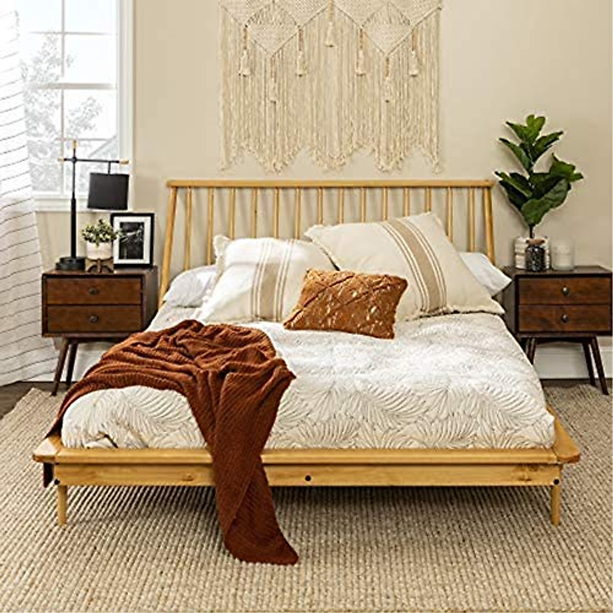 Walker Edison Mid Century Modern Solid Wood Spindle Platform Bed Headboard Footboard Bed Frame Bedroom, Queen, Light Oak