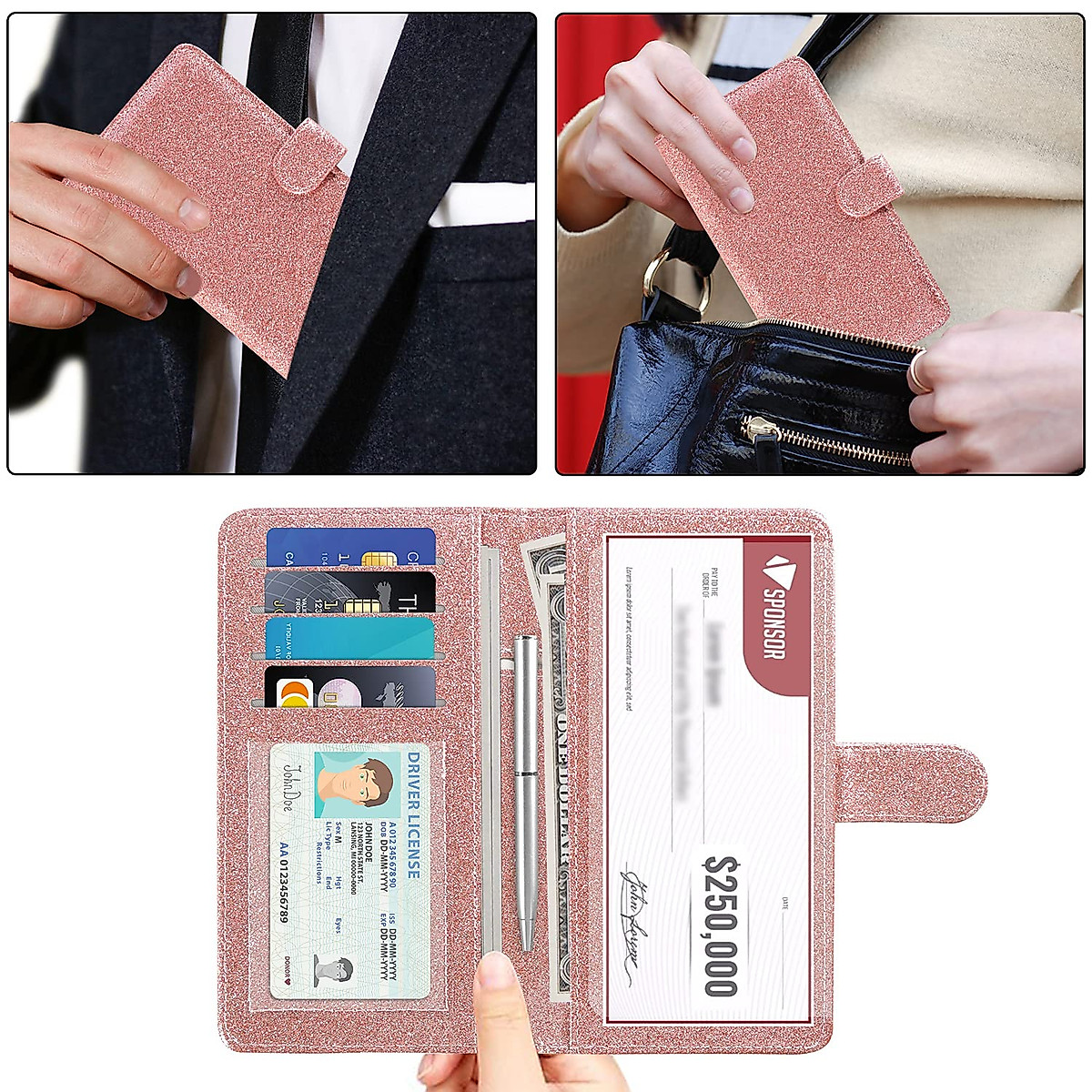 ACdream Checkbook Cover, Leather RFID Blocking Check Book Wallet, Protective Premium Business and Personal Duplicate Checks Holder, with Credit Card Slots for Women Men, Glitter Rose