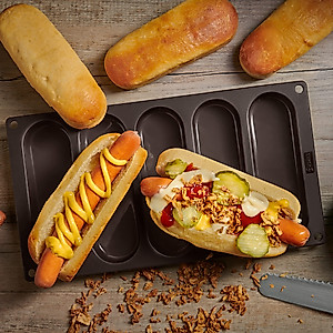 LURCH Germany Hot Dog Buns Mold | Silicone Non-stick Flexiform Baking Pan | 6-inch Hotdog shaped Bread, Rolls, Cake and Eclair Tray | BPA-Free