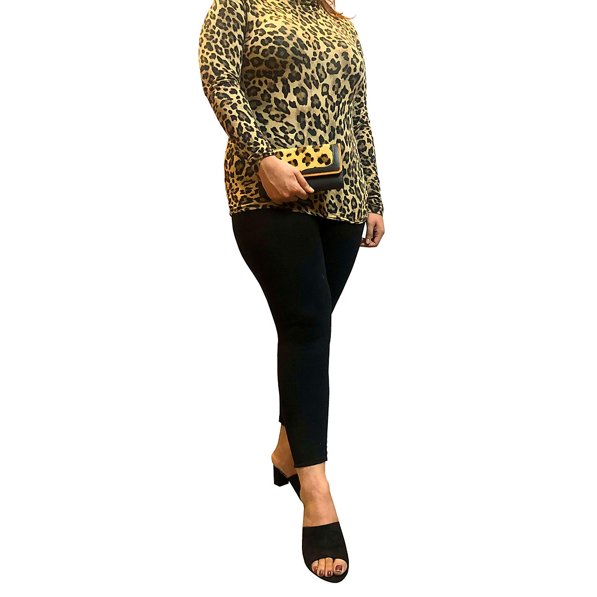 Leather Book® LW-1802 TAJ Leopard Ladies Wallet|11 card slots|1 card window|4 slide pockets|1 zip compartment pocket| 1 back silver metal zip pocket | Black, Tan Cowhide & Jersey leopard Print Leather