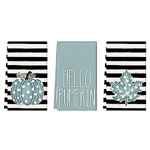 Artoid Mode Blue Polka Dot Stripes Maple Leaves Fall Kitchen Towels Dish Towels, 18x26 Inch Seasonal Hello Pumpkin Decoration Hand Towels Set of 3