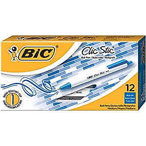 BIC® Clic Stic® Retractable Pens, Medium Point, 1.0 mm, White Barrel, Blue Ink, Pack Of 12
