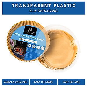 MUSCAN Air Fryer Liners 100 Pcs 8 Inches Round with Wooden Tong Disposable Large Oil Resistant, Waterproof, Unbleached Parchment Paper, Air Fryer Accessories for Air Frying, Baking, Roasting Microwave